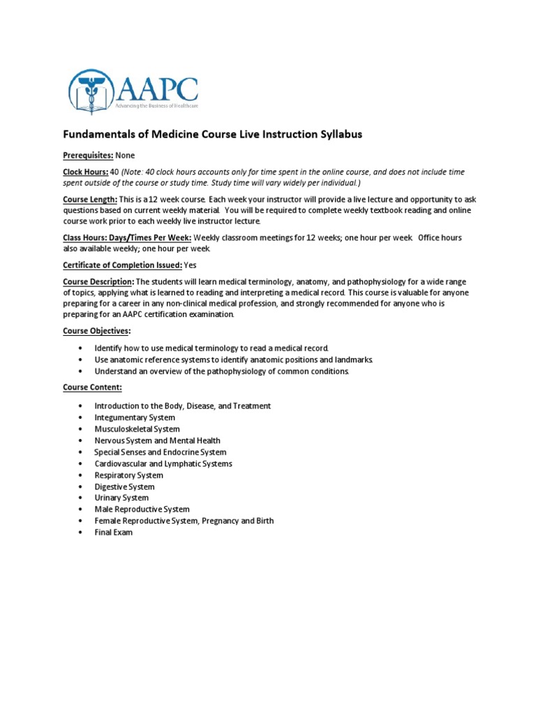 Fundamentals of Medicine Course Syllabus | PDF | Textbook | Educational ...