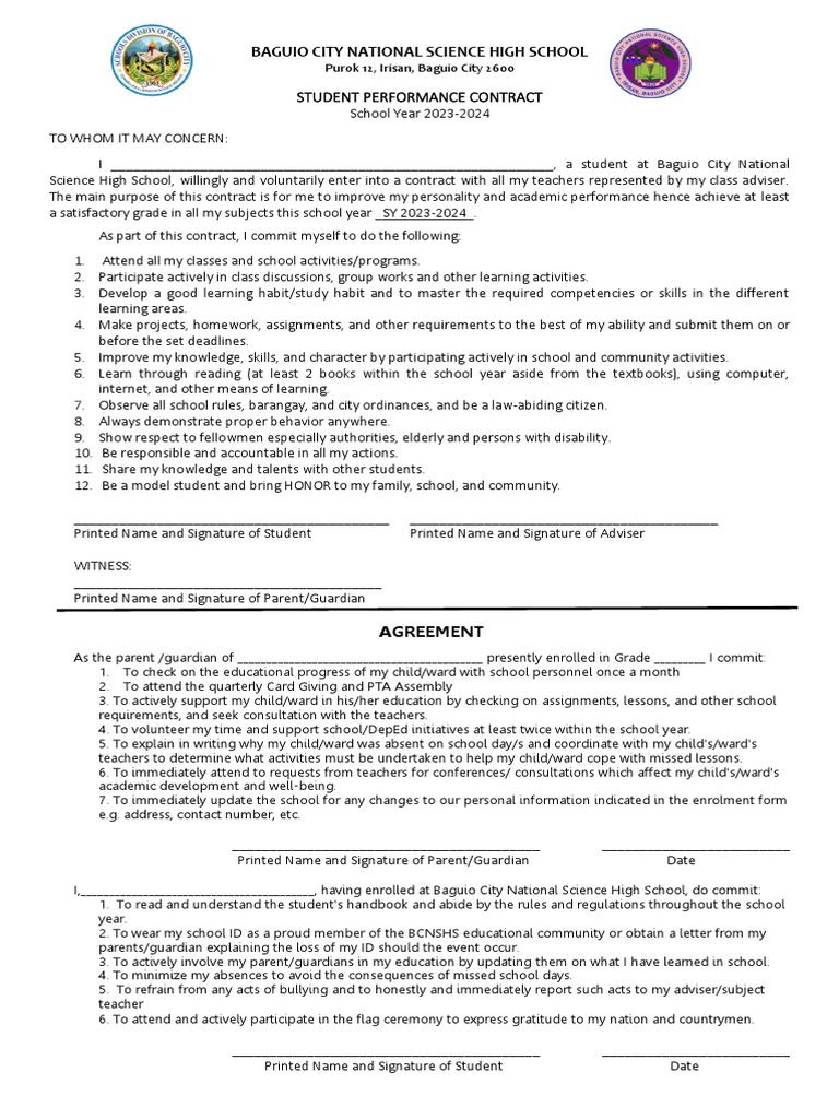 Student Performance Contract With Parents Agreement | PDF | Teachers ...