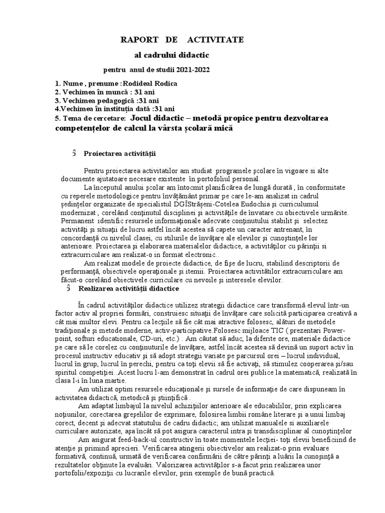 Raport de Activitate Cadru Didactic | PDF
