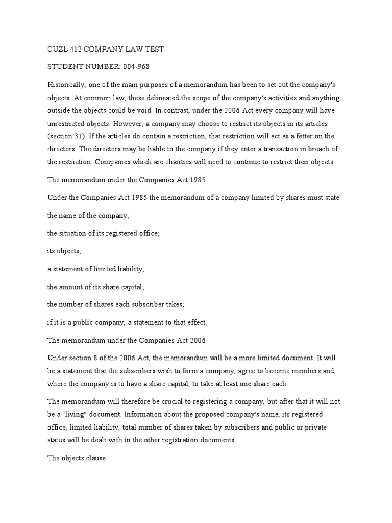 Cuzl 412 Company Law Test | PDF