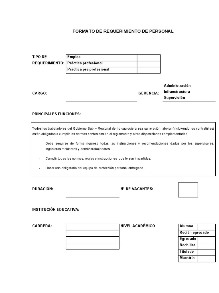 FORMATO DE REQUERIMIENTO DE PERSONAL Recursos Humanos | PDF