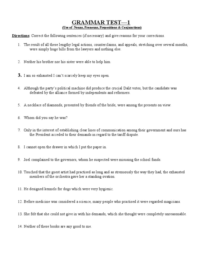 Grammar Test: Nouns, Pronouns, Prepositions & Conjunctions | PDF | Verb ...