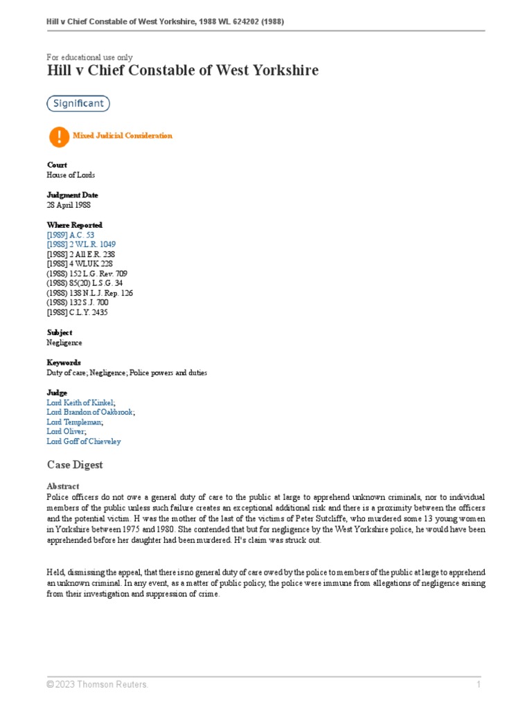 Hill V Chief Constable of West Yorkshire | PDF