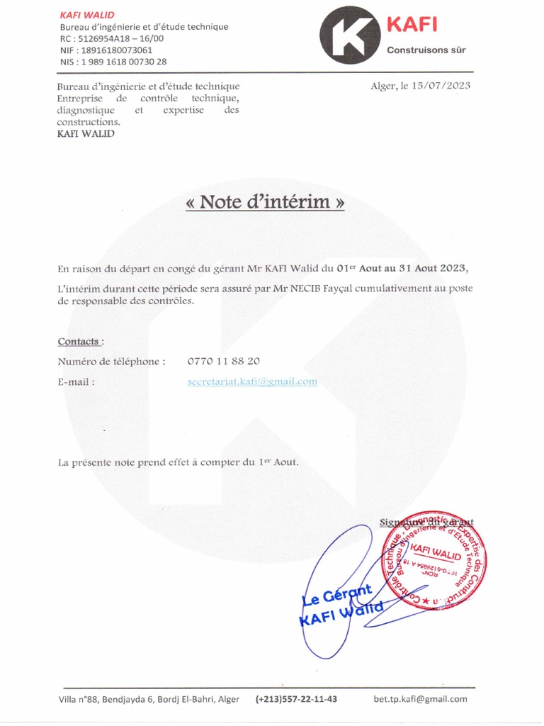 Note D'interim Kafi - Necib | PDF