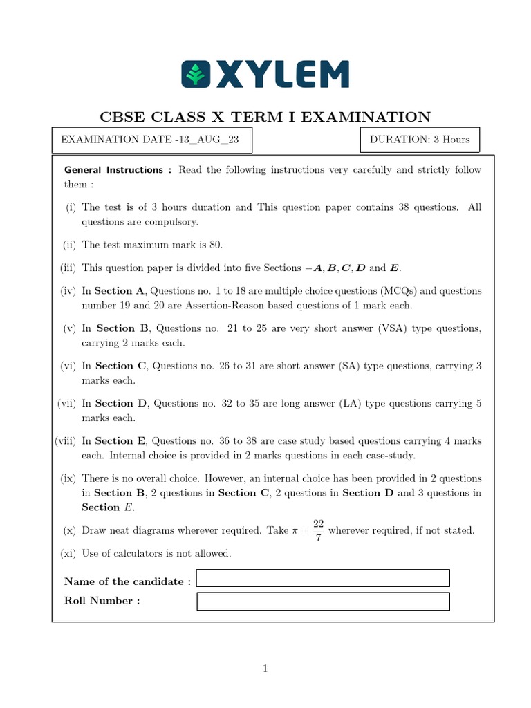 Xylem Term Exam Question Paper | PDF | Equations | Quadratic Equation