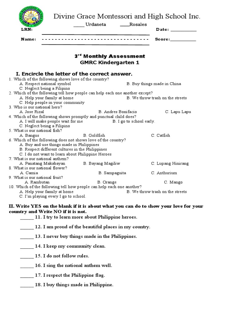 GMRC K1 3rd Monthly Assessment | PDF | Philippines