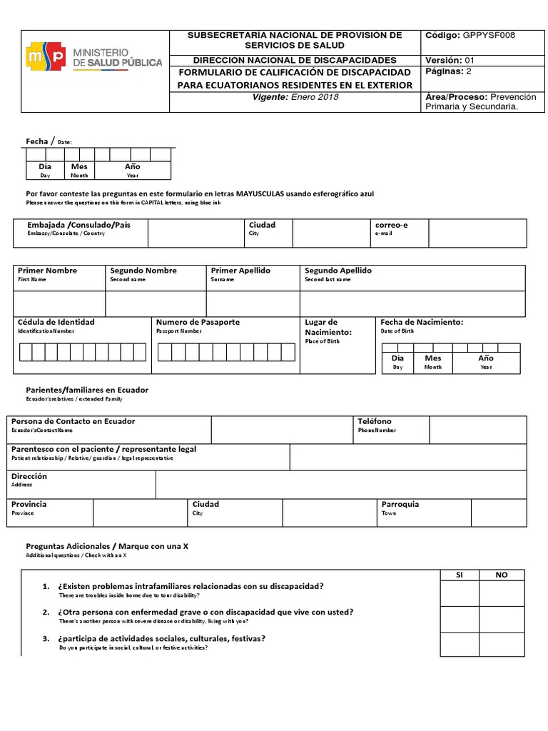 Formulario de Calificación de Discapacidad para Ecuatorianos Residentes ...