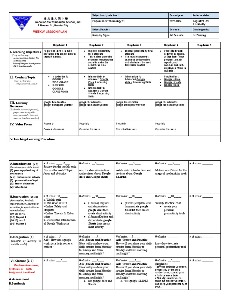 Emptech - G1W2 Lesson Plan | PDF | Lesson Plan | Human Communication