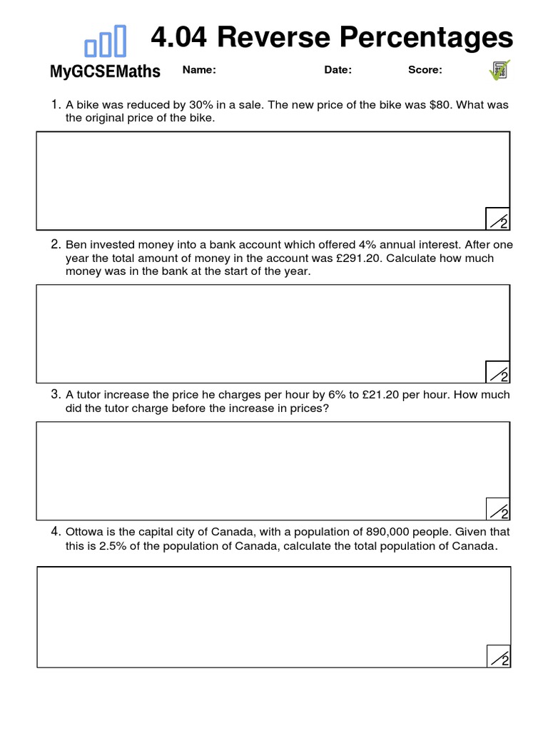 4.04-Reverse-Percentages - Question-Sheet 2 | PDF | Interest | Prices
