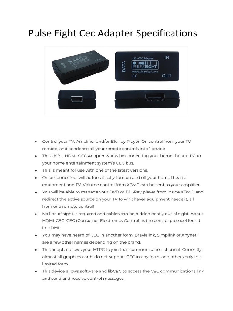 Pulse Eight Cec Adapter Specifications | PDF