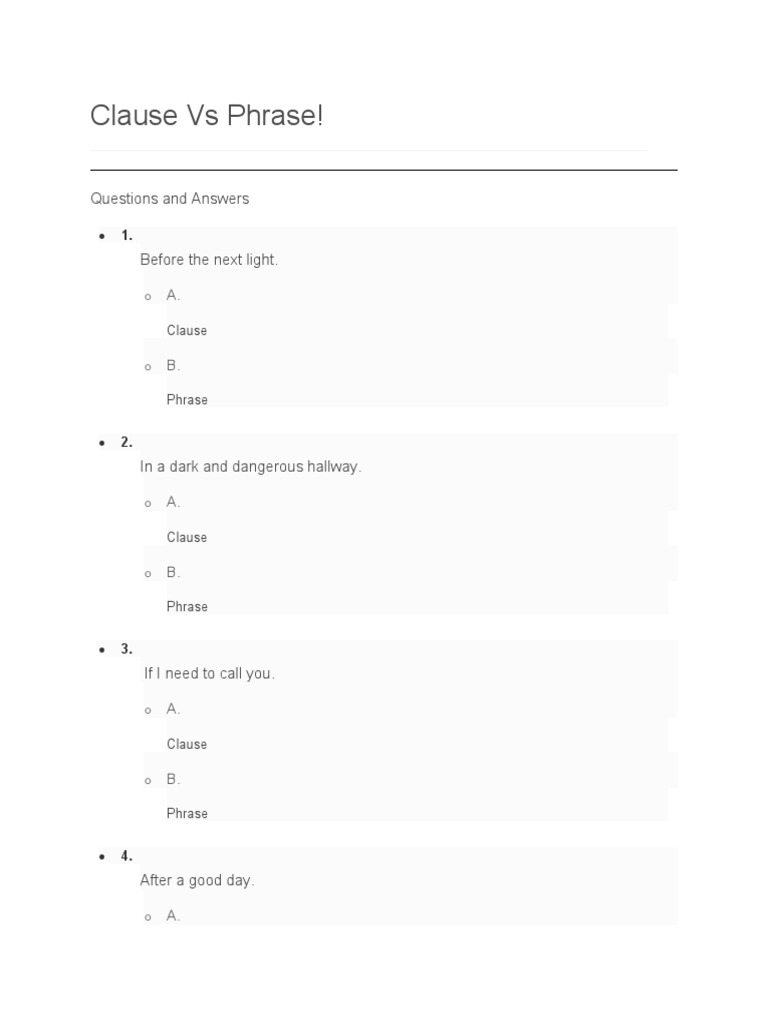 Clause Vs Phrase. Practice Exercise | PDF