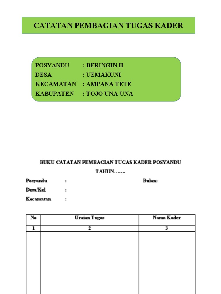 Buku Catatan Pembagian Tugas Kader | PDF