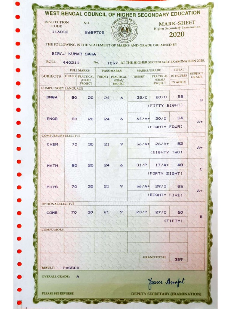 Class 12th - Mark Sheet | PDF
