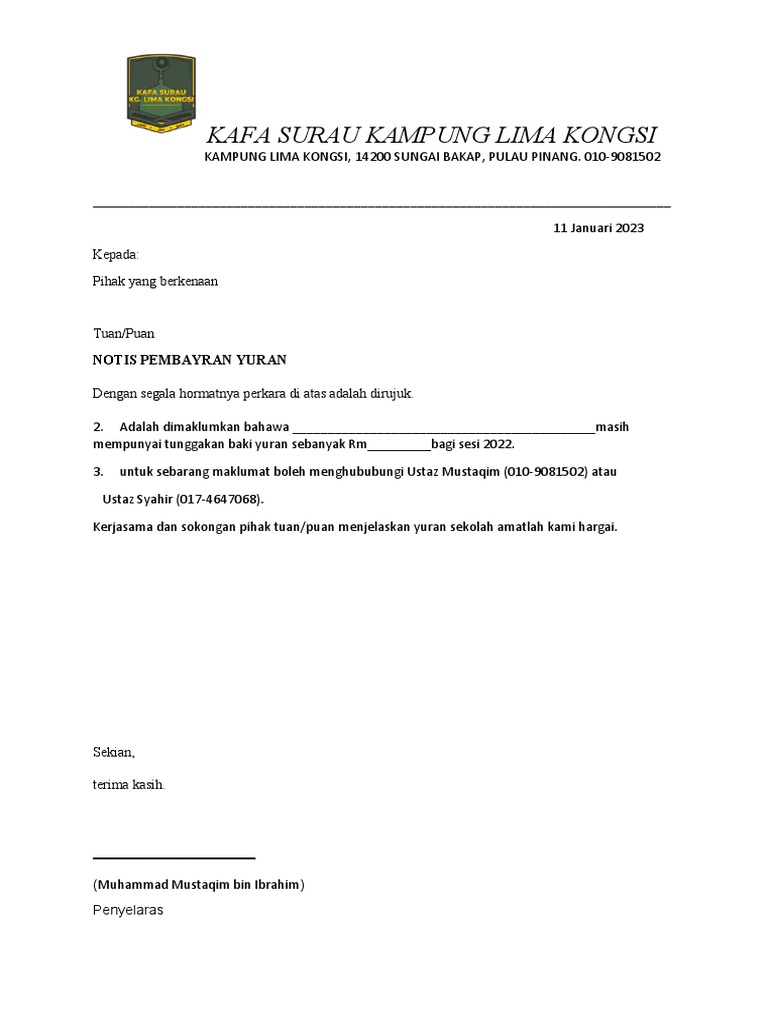 notis pembayaran yuran | PDF