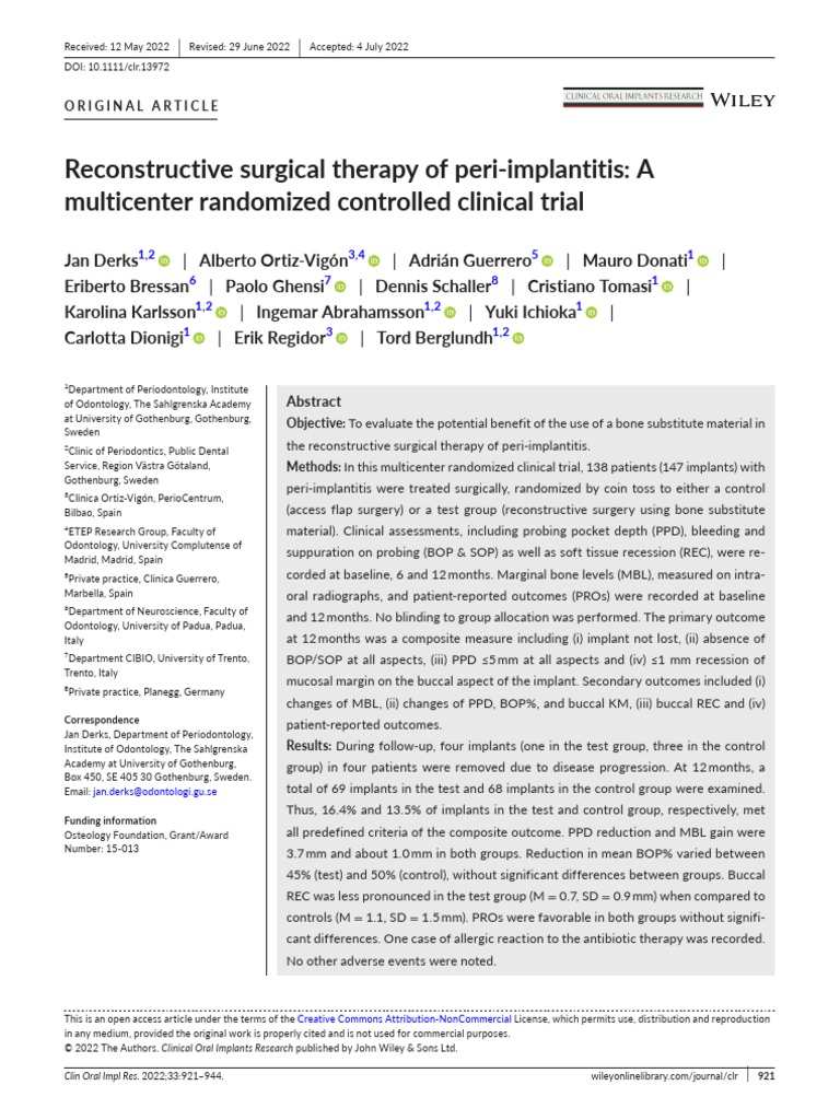 Reconstructive Surgical Therapy of Peri-Implantitis: A Multicenter Randomized Controlled ...