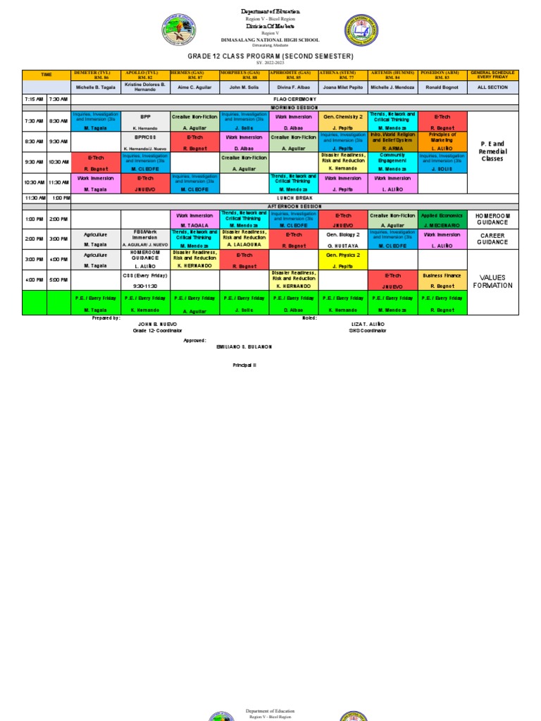 Grade 12 Class Schedule 2023-2024 | PDF | Science