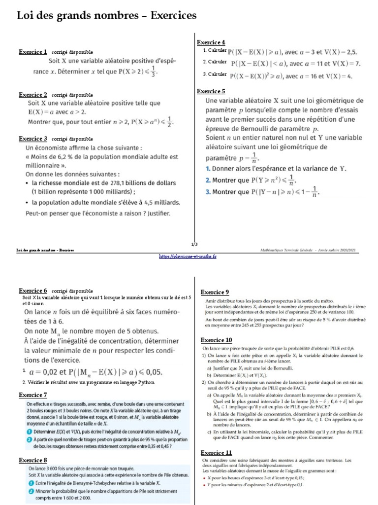 Exercices corrigés sur la loi des grands nombres | PDF