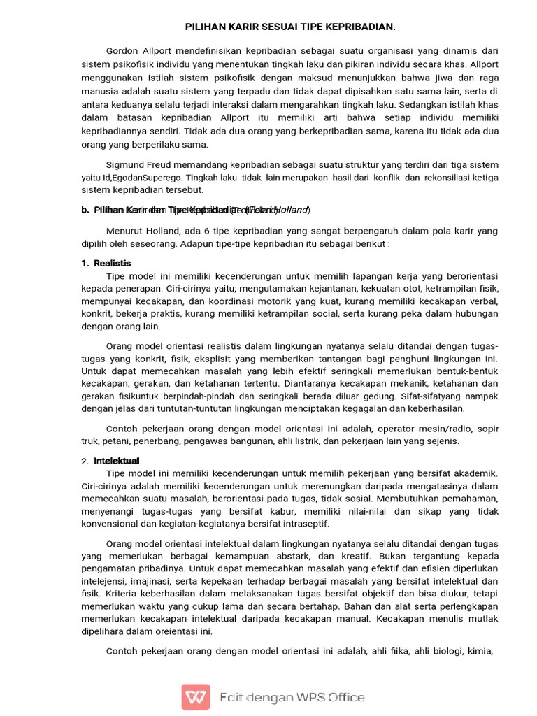 MATERI Pilihan Karir Sesuai Tipe Kepribadian | PDF