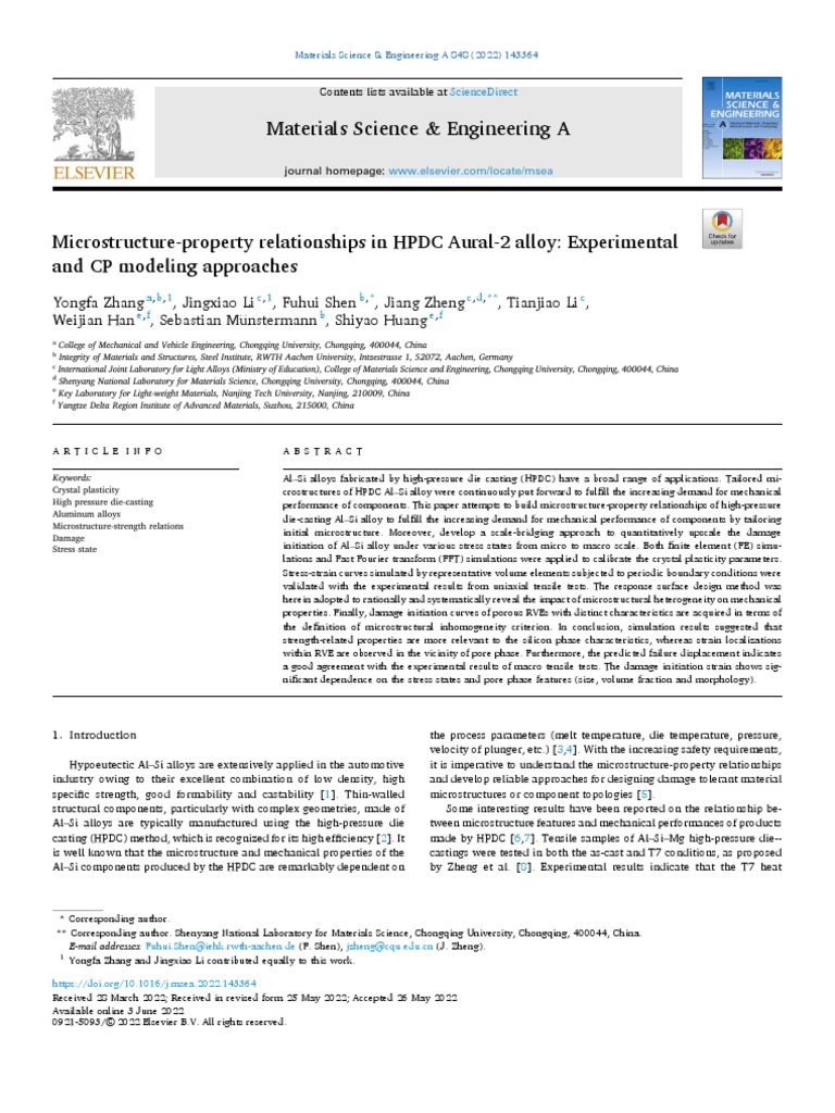 Microstructure Property Relationships In Hpdc Aural 2 Alloy Experimental And Cp Modeling