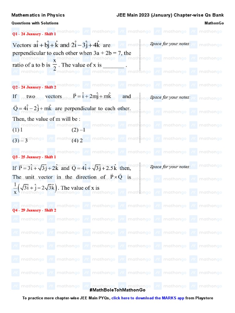 Mathematics in Physics - JEE Main 2023 January Chapter Wise Questions ...