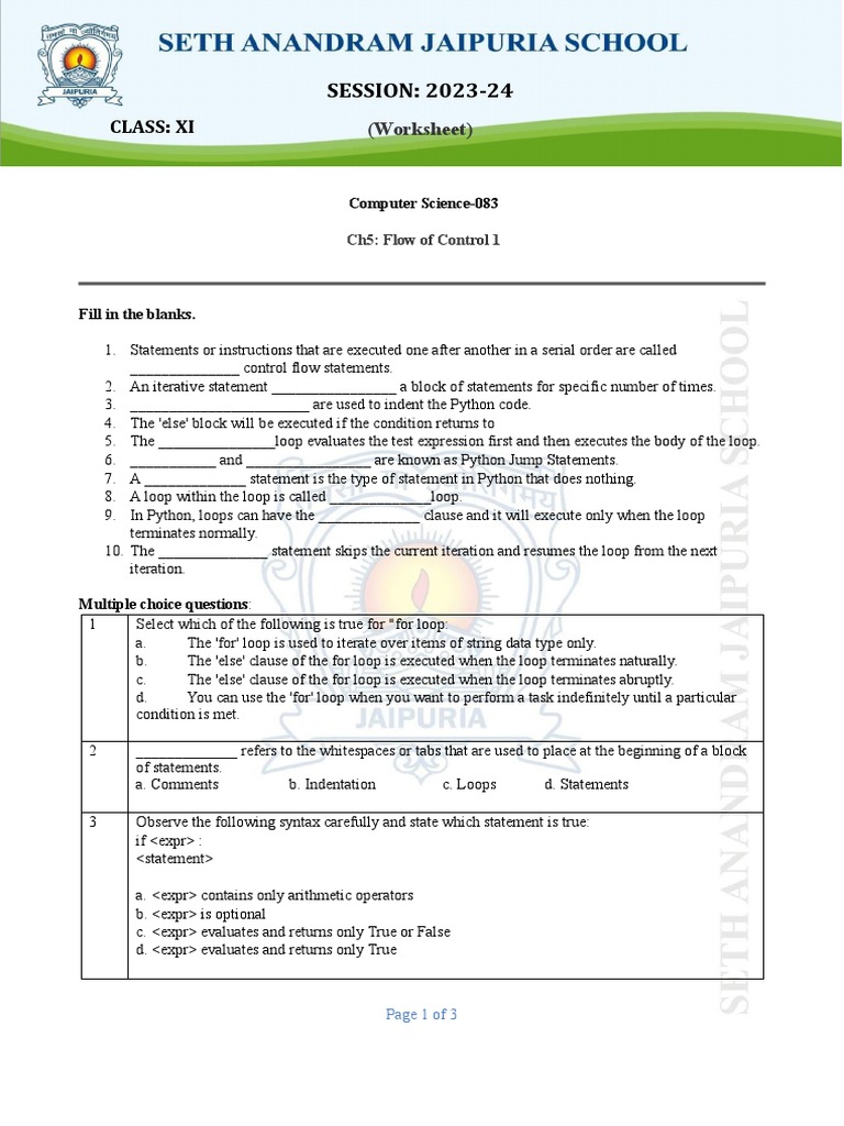 XI CS WS CH6 Flow of Control 1-23-24 | PDF | Control Flow | Computer Programming