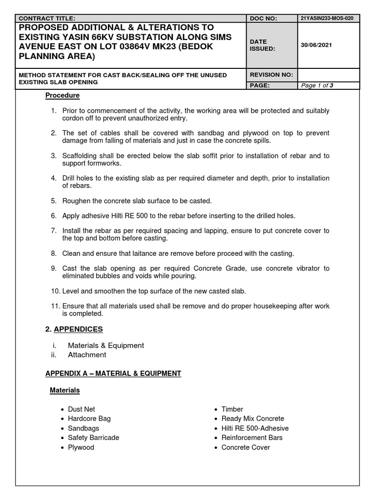 Method of Statement For Sealing Off The Unused Existing Slab Opening ...