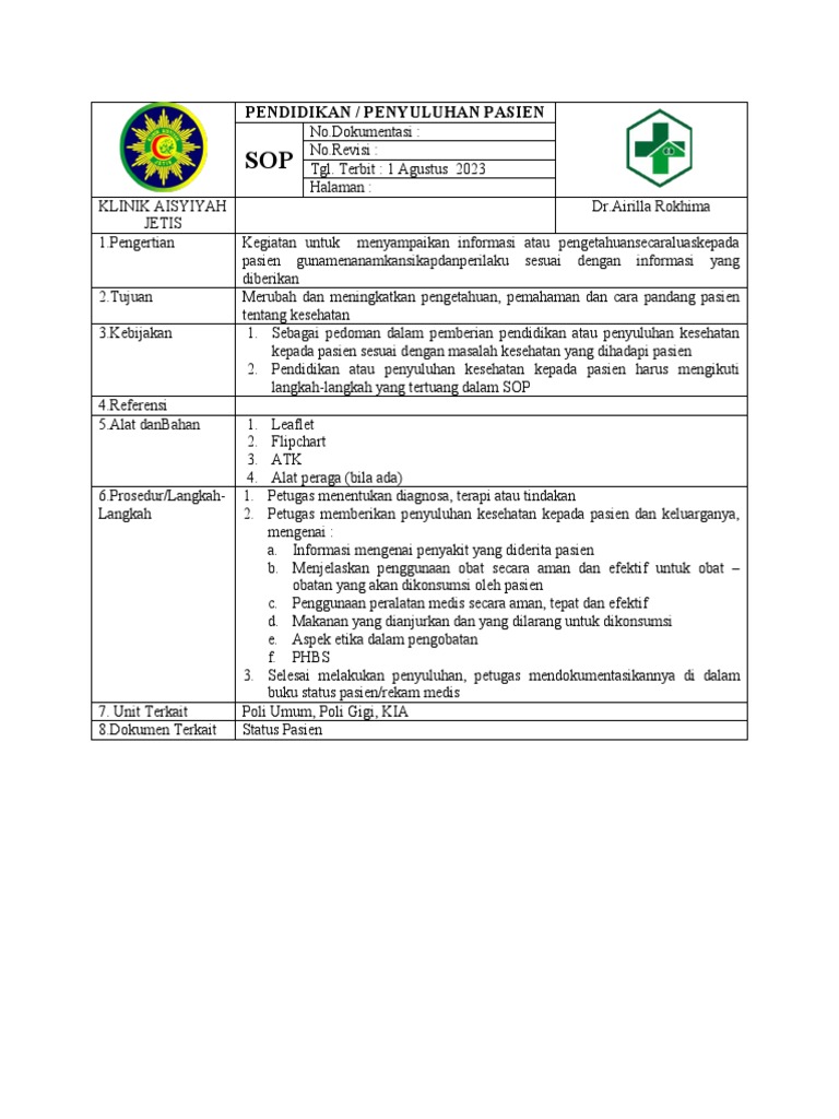 SOP Pendidikan Atau Penyuluhan Pasien | PDF