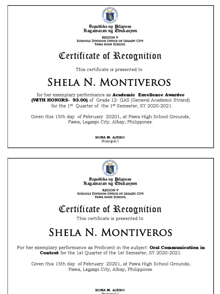 Grade 11 Gas Students and Parents Certicates 1stq 1stsem 2020 2021 | PDF