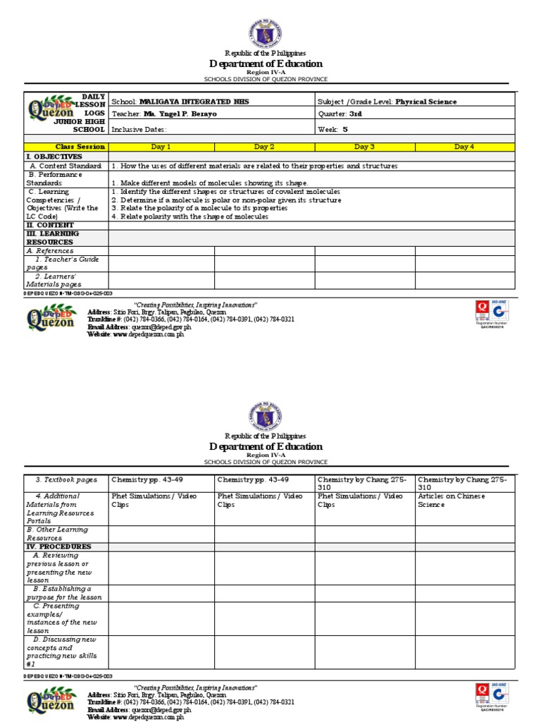 Physical Science G11, Q3, Wk 5- DLL 2022-2023.b | PDF