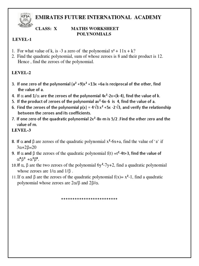 Quadratic Polynomial and Zeroes Worksheet | PDF | Polynomial | Equations