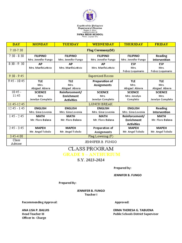 Class Program: Grade 8 - Anthurium | Download Free PDF | Social ...
