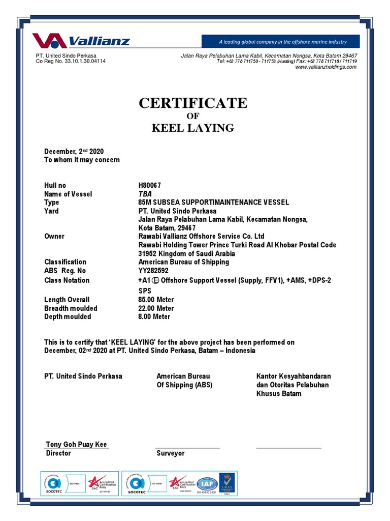 H80067 - Certificate of Keel Laying (Draft) | PDF