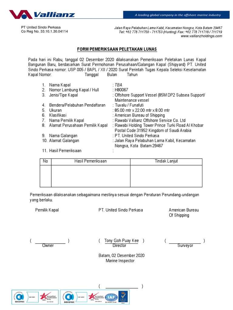 H80067 - Form Pemeriksaan Peletakan Lunas (Draft) | PDF