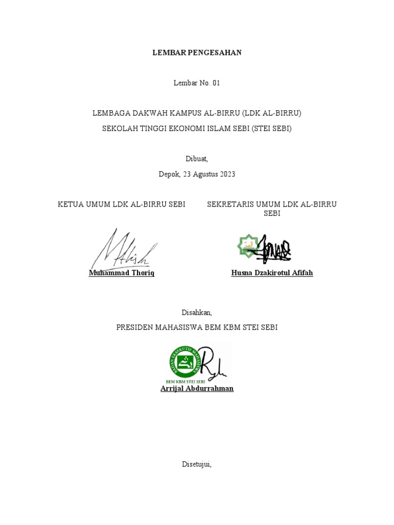 Lembar Pengesahan Proker LDK | PDF