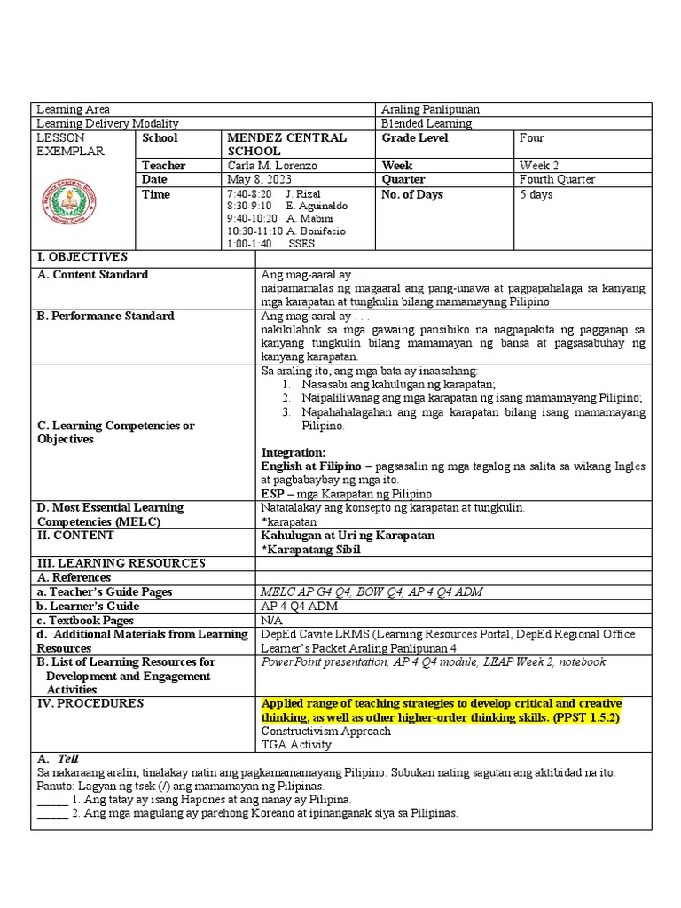 Ap 4 Q4 DLP Week 2 Day 1 | PDF