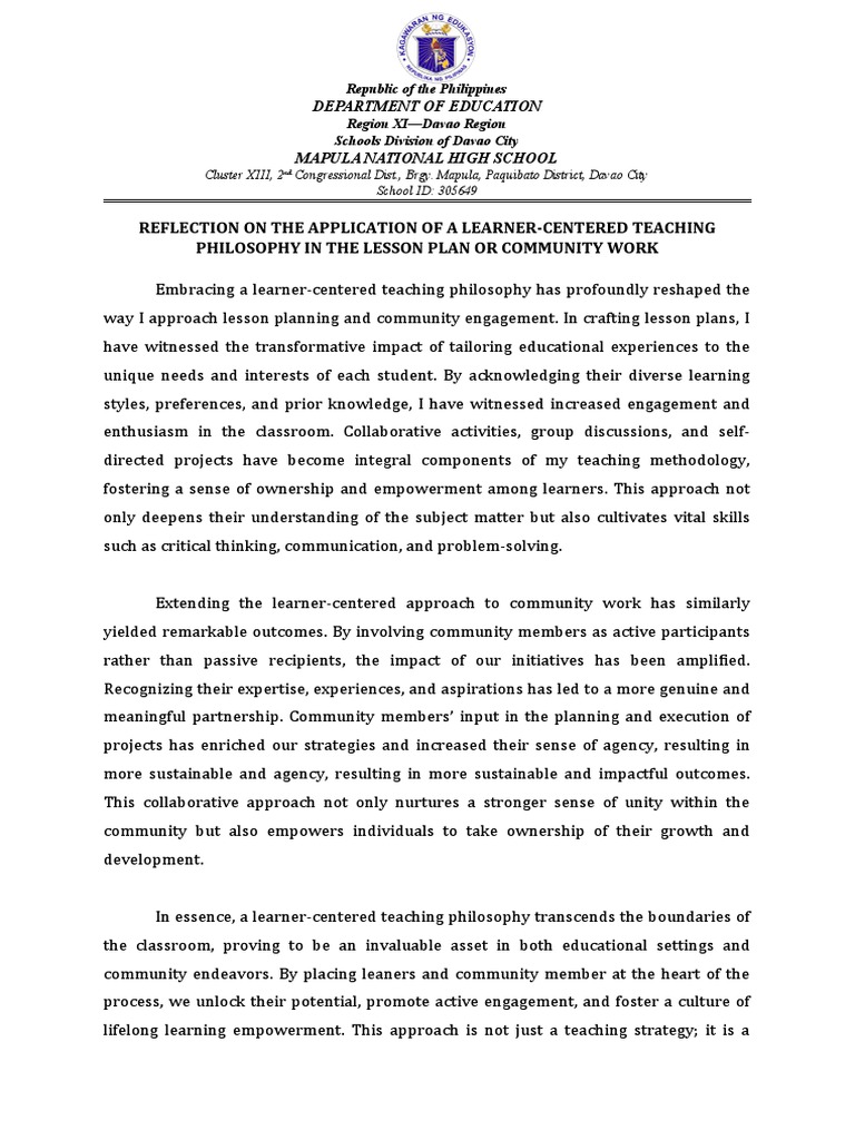 Reflection On The Application Of A Learner Centered Teaching Philosophy In The Lesson Plan Or