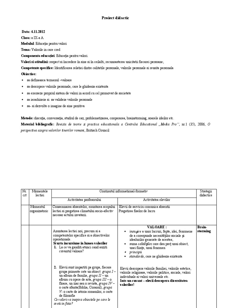 171_proiect_didactic valorile si nonvalorile | PDF