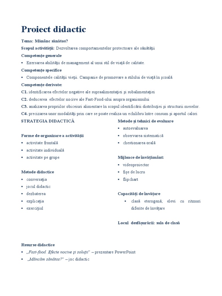 Proiect Didactic Mananc Sanatos | PDF