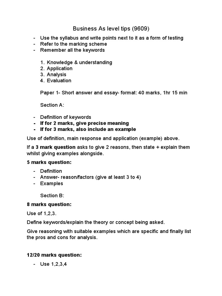 Business As Level Tips | PDF