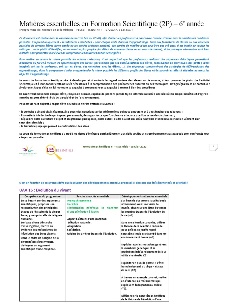 Formation Scientifique 6 Essentiels 220105 | PDF | Évolution | Réaction ...