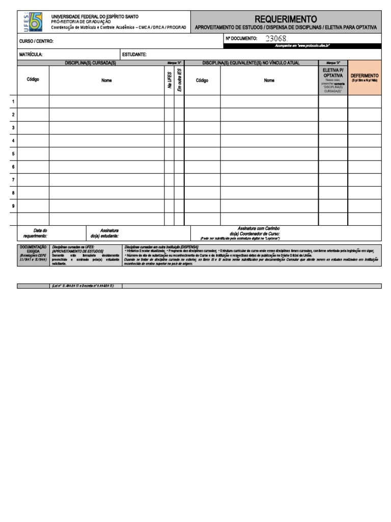 Formulario de Aproveitamento de Estudos e Dispensa de Disciplinas 0 | PDF