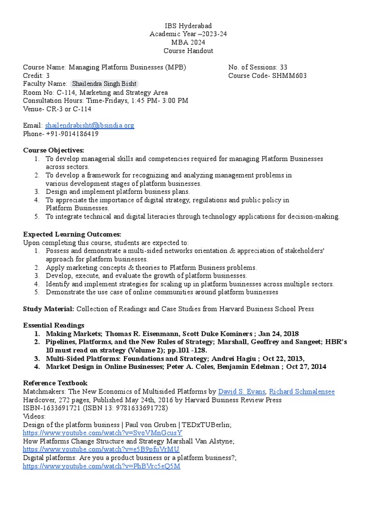 Managing Platform Businesses AY 2023-24 Course Handout MBA2024 | PDF ...