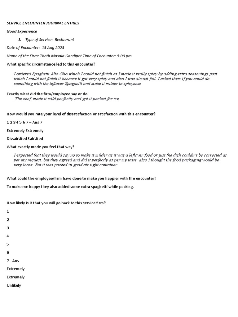 Service Encounter Journal Entries | PDF | Business | Self-Improvement