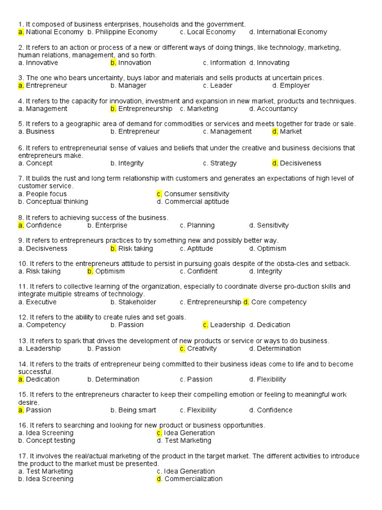 ENTREPRENEURSHIP PRETEST Sample | PDF