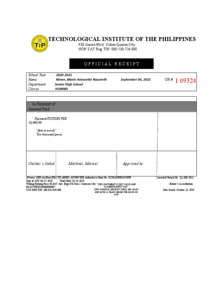 Technological Institute of The Philippines: Official Receipt | PDF