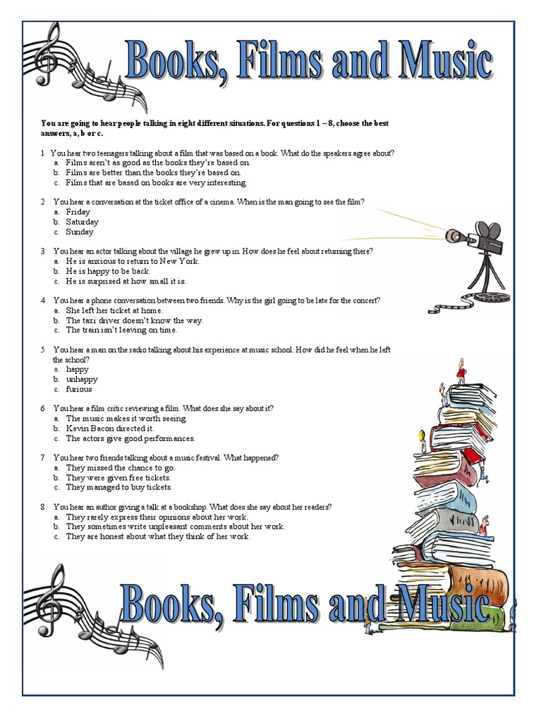 Books Films and Music Reading Comprehension Exercises Tests | PDF