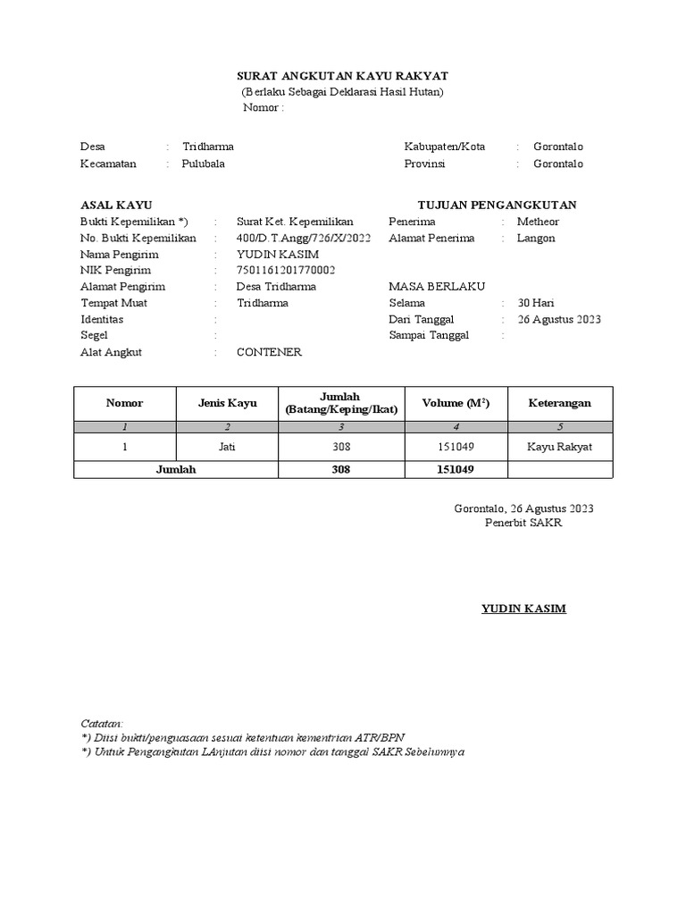SURAT ANGKUTAN KAYU RAKYAT (Basi Yudi) | PDF