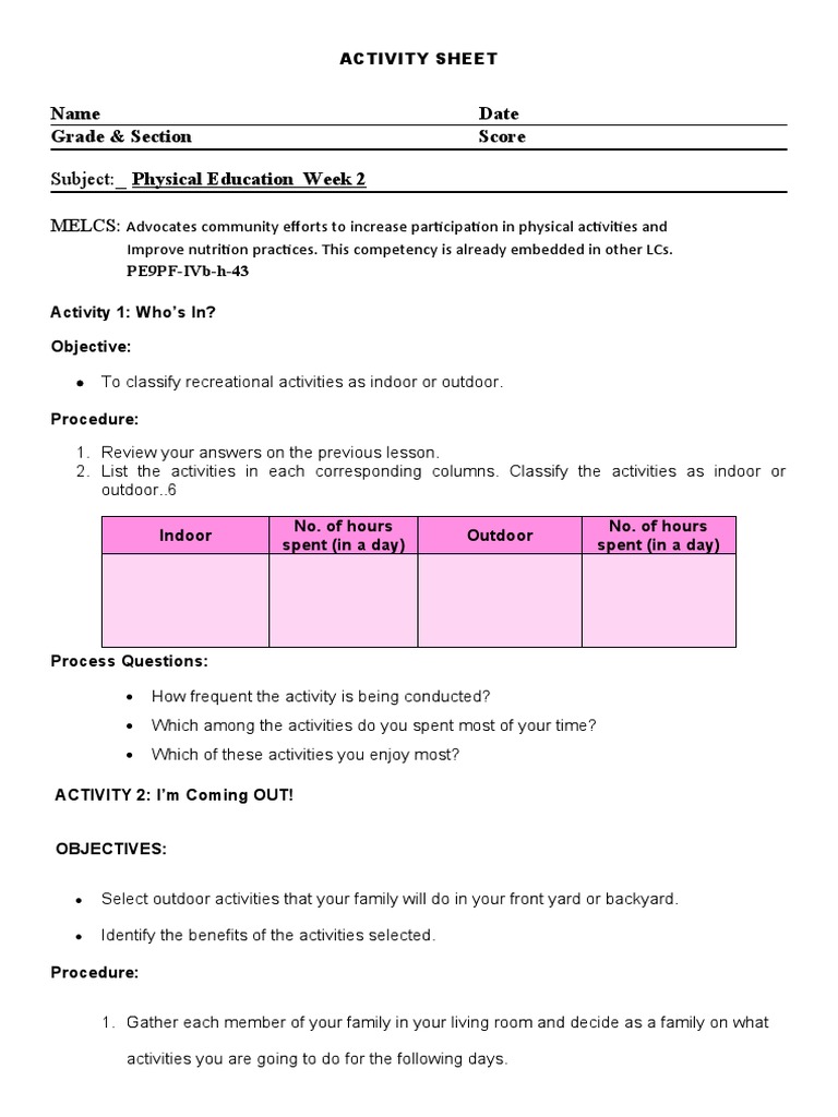 PE Worksheet Q4 Week 2 | PDF | Physical Education | Recreation
