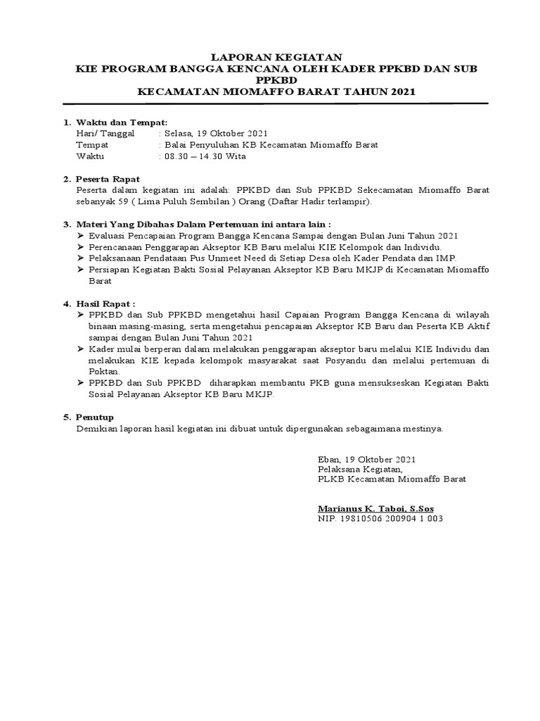 Laporan Kegiatan Kie Bagi Kader PPKBD Dan Sub PPKBD | PDF