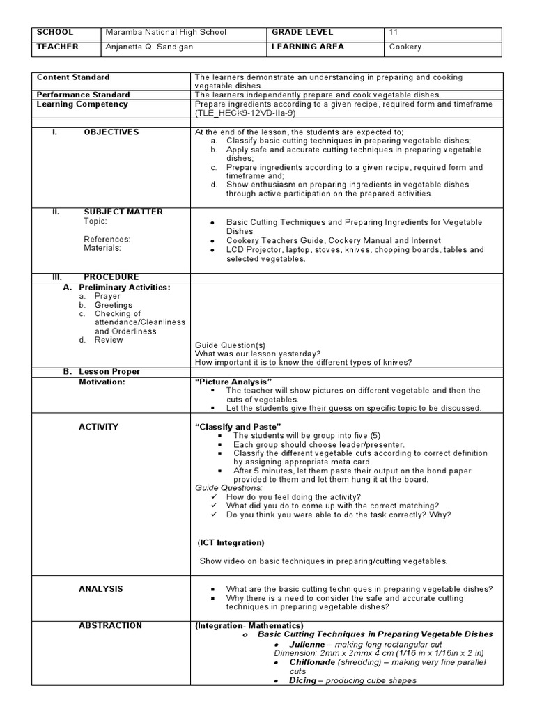 Lesson Plan in Cookery | PDF | Stir Frying | Cooking